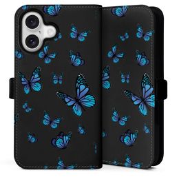 DeinDesign iPhone 16 Handy Klapph&uuml;lle Handyh&uuml;lle aus Kunst Leder schwarz Flip Case Transparent Butterfly Muster Sideflip mit Lasche