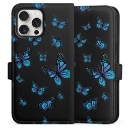 DeinDesign iPhone 15 Pro Max Handy Klapph&uuml;lle Handyh&uuml;lle aus Kunst Leder schwarz Flip Case Transparent Butterfly Muster Sideflip mit Lasche