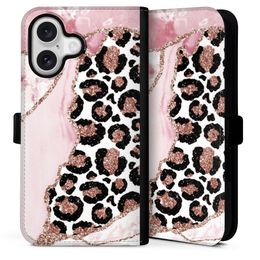 DeinDesign iPhone 16 Handy Klapph&uuml;lle Handyh&uuml;lle aus Kunst Leder schwarz Flip Case Leopard Glitzer Marble Sideflip mit Lasche