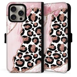 DeinDesign iPhone 16 Pro Handy Klapph&uuml;lle Handyh&uuml;lle aus Kunst Leder schwarz Flip Case Leopard Glitzer Marble Sideflip mit Lasche