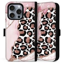 DeinDesign iPhone 16 Pro Max Handy Klapph&uuml;lle Handyh&uuml;lle aus Kunst Leder schwarz Flip Case Leopard Glitzer Marble Sideflip mit Lasche