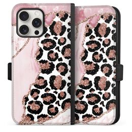 DeinDesign iPhone 15 Pro Max Handy Klapph&uuml;lle Handyh&uuml;lle aus Kunst Leder schwarz Flip Case Leopard Glitzer Marble Sideflip mit Lasche