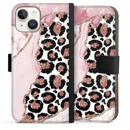 DeinDesign iPhone 14 Handy Klapph&uuml;lle Handyh&uuml;lle aus Kunst Leder schwarz Flip Case Leopard Glitzer Marble Sideflip mit Lasche