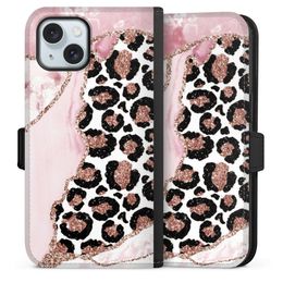 DeinDesign iPhone 15 Handy Klapph&uuml;lle Handyh&uuml;lle aus Kunst Leder schwarz Flip Case Leopard Glitzer Marble Sideflip mit Lasche