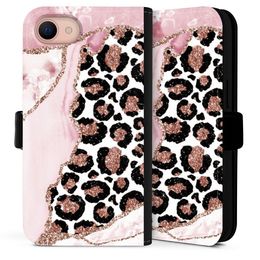 DeinDesign iPhone 16e Handy Klapph&uuml;lle Handyh&uuml;lle aus Kunst Leder schwarz Flip Case Leopard Glitzer Marble Sideflip mit Lasche