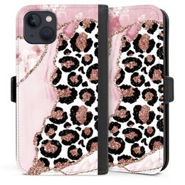 DeinDesign iPhone 13 Handy Klapph&uuml;lle Handyh&uuml;lle aus Kunst Leder schwarz Flip Case Leopard Glitzer Marble Sideflip mit Lasche