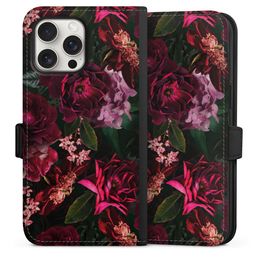 DeinDesign iPhone 15 Pro Max Handy Klapph&uuml;lle Handyh&uuml;lle aus Kunst Leder schwarz Flip Case Flowers Blossom Rose Sideflip mit Lasche