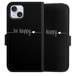 DeinDesign iPhone 15 Handy Klapph&uuml;lle Handyh&uuml;lle aus Kunst Leder schwarz Flip Case Happiness Statement Sayings Sideflip mit Lasche