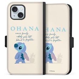 DeinDesign iPhone 15 Handy Klapph&uuml;lle Handyh&uuml;lle aus Kunst Leder schwarz Flip Case Lilo & Stitch Disney Official Licensed Product Sideflip mit Lasche