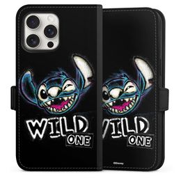 DeinDesign iPhone 15 Pro Max Handy Klapph&uuml;lle Handyh&uuml;lle aus Kunst Leder schwarz Flip Case Lilo & Stitch Disney Official Licensed Product Sideflip mit Lasche