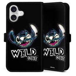 DeinDesign iPhone 16 Handy Klapph&uuml;lle Handyh&uuml;lle aus Kunst Leder schwarz Flip Case Lilo & Stitch Disney Official Licensed Product Sideflip mit Lasche