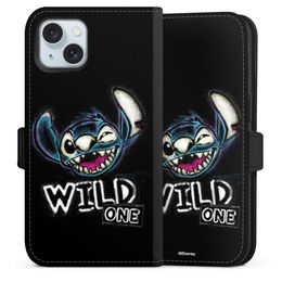 DeinDesign iPhone 15 Handy Klapph&uuml;lle Handyh&uuml;lle aus Kunst Leder schwarz Flip Case Lilo & Stitch Disney Official Licensed Product Sideflip mit Lasche