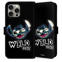 DeinDesign iPhone 16 Pro Handy Klapph&uuml;lle Handyh&uuml;lle aus Kunst Leder schwarz Flip Case Lilo & Stitch Disney Official Licensed Product Sideflip mit Lasche