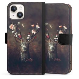 DeinDesign iPhone 14 Handy Klapph&uuml;lle Handyh&uuml;lle aus Kunst Leder schwarz Flip Case Reindeer Flowers Rehe Sideflip mit Lasche
