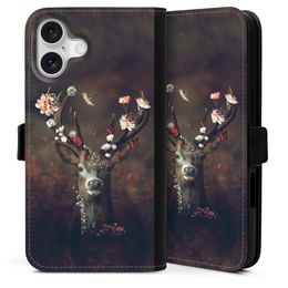 DeinDesign iPhone 16 Plus Handy Klapph&uuml;lle Handyh&uuml;lle aus Kunst Leder schwarz Flip Case Reindeer Flowers Rehe Sideflip mit Lasche