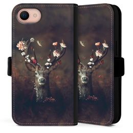 DeinDesign iPhone 16e Handy Klapph&uuml;lle Handyh&uuml;lle aus Kunst Leder schwarz Flip Case Reindeer Flowers Rehe Sideflip mit Lasche