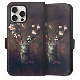 DeinDesign iPhone 15 Pro Max Handy Klapph&uuml;lle Handyh&uuml;lle aus Kunst Leder schwarz Flip Case Reindeer Flowers Rehe Sideflip mit Lasche