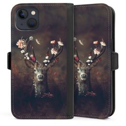 DeinDesign iPhone 13 Handy Klapph&uuml;lle Handyh&uuml;lle aus Kunst Leder schwarz Flip Case Reindeer Flowers Rehe Sideflip mit Lasche