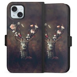 DeinDesign iPhone 15 Handy Klapph&uuml;lle Handyh&uuml;lle aus Kunst Leder schwarz Flip Case Reindeer Flowers Rehe Sideflip mit Lasche