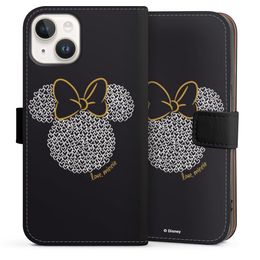 DeinDesign iPhone 14 Handy Klapph&uuml;lle Handyh&uuml;lle aus Kunst Leder schwarz Flip Case Minnie Mouse Muster Disney Sideflip mit Lasche
