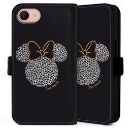 DeinDesign iPhone 16e Handy Klapph&uuml;lle Handyh&uuml;lle aus Kunst Leder schwarz Flip Case Minnie Mouse Muster Disney Sideflip mit Lasche
