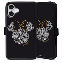 DeinDesign iPhone 16 Plus Handy Klapph&uuml;lle Handyh&uuml;lle aus Kunst Leder schwarz Flip Case Minnie Mouse Muster Disney Sideflip mit Lasche