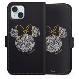 DeinDesign iPhone 15 Handy Klapph&uuml;lle Handyh&uuml;lle aus Kunst Leder schwarz Flip Case Minnie Mouse Muster Disney Sideflip mit Lasche