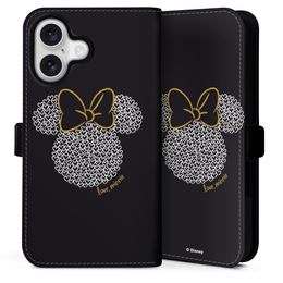 DeinDesign iPhone 16 Handy Klapph&uuml;lle Handyh&uuml;lle aus Kunst Leder schwarz Flip Case Minnie Mouse Muster Disney Sideflip mit Lasche