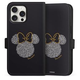 DeinDesign iPhone 15 Pro Max Handy Klapph&uuml;lle Handyh&uuml;lle aus Kunst Leder schwarz Flip Case Minnie Mouse Muster Disney Sideflip mit Lasche