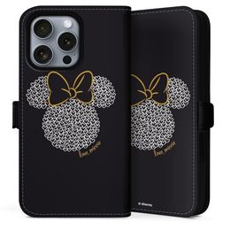 DeinDesign iPhone 16 Pro Max Handy Klapph&uuml;lle Handyh&uuml;lle aus Kunst Leder schwarz Flip Case Minnie Mouse Muster Disney Sideflip mit Lasche