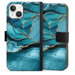 DeinDesign iPhone 14 Handy Klapph&uuml;lle Handyh&uuml;lle aus Kunst Leder schwarz Flip Case Marble Gemstone Glitzer Sideflip mit Lasche