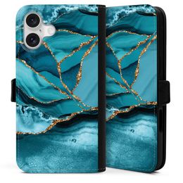 DeinDesign iPhone 16 Plus Handy Klapph&uuml;lle Handyh&uuml;lle aus Kunst Leder schwarz Flip Case Marble Gemstone Glitzer Sideflip mit Lasche