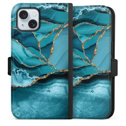 DeinDesign iPhone 15 Handy Klapph&uuml;lle Handyh&uuml;lle aus Kunst Leder schwarz Flip Case Marble Gemstone Glitzer Sideflip mit Lasche