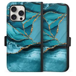 DeinDesign iPhone 15 Pro Max Handy Klapph&uuml;lle Handyh&uuml;lle aus Kunst Leder schwarz Flip Case Marble Gemstone Glitzer Sideflip mit Lasche