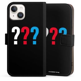DeinDesign iPhone 14 Handy Klapph&uuml;lle Handyh&uuml;lle aus Kunst Leder schwarz Flip Case Official Licensed Product Die Drei ??? Logo Sideflip mit Lasche