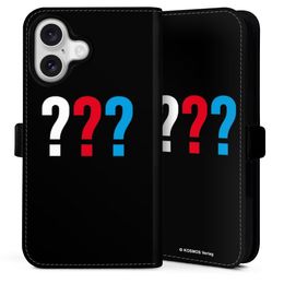 DeinDesign iPhone 16 Handy Klapph&uuml;lle Handyh&uuml;lle aus Kunst Leder schwarz Flip Case Official Licensed Product Die Drei ??? Logo Sideflip mit Lasche