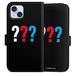 DeinDesign iPhone 15 Handy Klapph&uuml;lle Handyh&uuml;lle aus Kunst Leder schwarz Flip Case Official Licensed Product Die Drei ??? Logo Sideflip mit Lasche