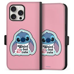 DeinDesign iPhone 15 Pro Max Handy Klapph&uuml;lle Handyh&uuml;lle aus Kunst Leder schwarz Flip Case Lilo & Stitch Disney Sayings Sideflip mit Lasche