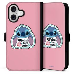 DeinDesign iPhone 16 Handy Klapph&uuml;lle Handyh&uuml;lle aus Kunst Leder schwarz Flip Case Lilo & Stitch Disney Sayings Sideflip mit Lasche