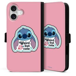 DeinDesign iPhone 16 Plus Handy Klapph&uuml;lle Handyh&uuml;lle aus Kunst Leder schwarz Flip Case Lilo & Stitch Disney Sayings Sideflip mit Lasche