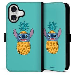 DeinDesign iPhone 16 Handy Klapph&uuml;lle Handyh&uuml;lle aus Kunst Leder schwarz Flip Case Disney Lilo & Stitch Pineapple Sideflip mit Lasche