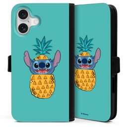 DeinDesign iPhone 16 Plus Handy Klapph&uuml;lle Handyh&uuml;lle aus Kunst Leder schwarz Flip Case Disney Lilo & Stitch Pineapple Sideflip mit Lasche