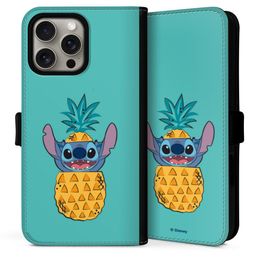 DeinDesign iPhone 16 Pro Handy Klapph&uuml;lle Handyh&uuml;lle aus Kunst Leder schwarz Flip Case Disney Lilo & Stitch Pineapple Sideflip mit Lasche