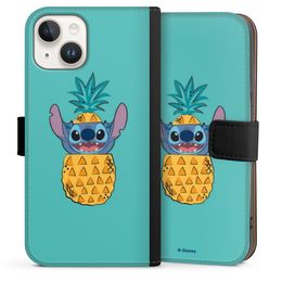 DeinDesign iPhone 14 Handy Klapph&uuml;lle Handyh&uuml;lle aus Kunst Leder schwarz Flip Case Disney Lilo & Stitch Pineapple Sideflip mit Lasche