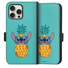 DeinDesign iPhone 15 Pro Max Handy Klapph&uuml;lle Handyh&uuml;lle aus Kunst Leder schwarz Flip Case Disney Lilo & Stitch Pineapple Sideflip mit Lasche