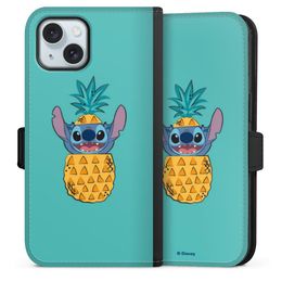 DeinDesign iPhone 15 Handy Klapph&uuml;lle Handyh&uuml;lle aus Kunst Leder schwarz Flip Case Disney Lilo & Stitch Pineapple Sideflip mit Lasche