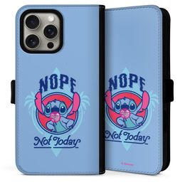 DeinDesign iPhone 16 Pro Handy Klapph&uuml;lle Handyh&uuml;lle aus Kunst Leder schwarz Flip Case Disney Sayings Lilo & Stitch Sideflip mit Lasche
