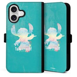 DeinDesign iPhone 16 Handy Klapph&uuml;lle Handyh&uuml;lle aus Kunst Leder schwarz Flip Case Lilo & Stitch Official Licensed Product Disney Sideflip mit Lasche