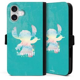 DeinDesign iPhone 16 Plus Handy Klapph&uuml;lle Handyh&uuml;lle aus Kunst Leder schwarz Flip Case Lilo & Stitch Official Licensed Product Disney Sideflip mit Lasche