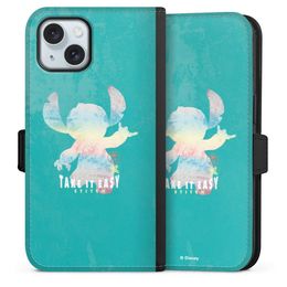DeinDesign iPhone 15 Handy Klapph&uuml;lle Handyh&uuml;lle aus Kunst Leder schwarz Flip Case Lilo & Stitch Official Licensed Product Disney Sideflip mit Lasche